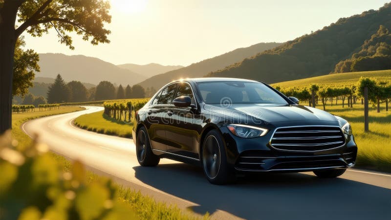 Luxury Car Driving on Scenic Road at Sunset Stock Illustration ...