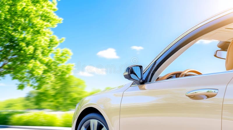 Luxury Car Driving on Sunny Day with Clear Blue Sky and Greenery Stock ...