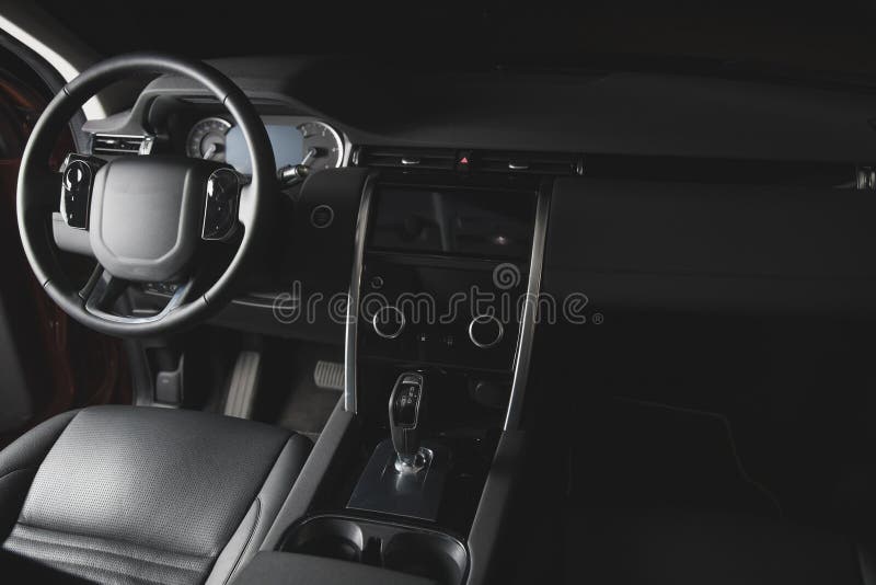Luxury Car Inside, Automatic Gear Stick of a Modern Car. Dark Leather ...