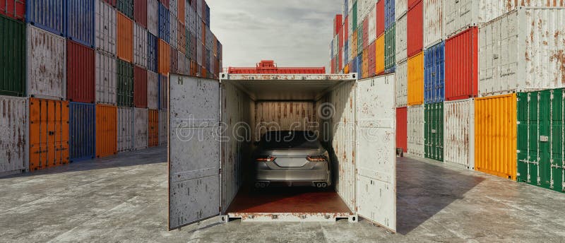 Luxury Car Inside Rusty Shipping Container in Freight Yard â€ 3D ...