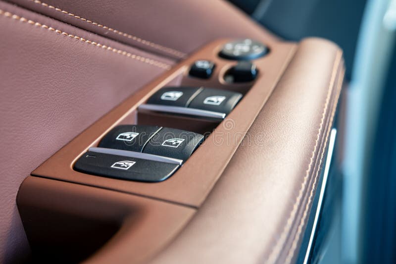 Luxury Car Interior Close-up: Modern Control Panel with Leather ...