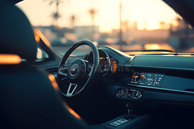 Luxury Car Interior with Steering Wheel and Digital Dashboard at Sunset ...