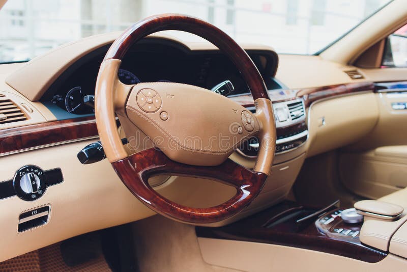 Luxury Car Interior. Steering Wheel, Shift Lever and Dashboard. Stock ...