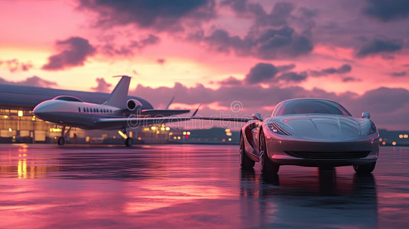 Luxury Car and Private Jet at Sunset Stock Illustration - Illustration ...
