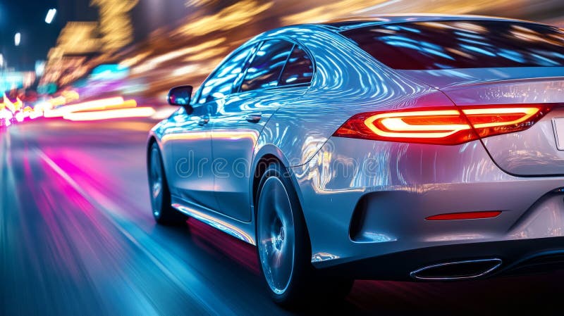 Luxury Car Speeding through City Night Lights Stock Illustration ...
