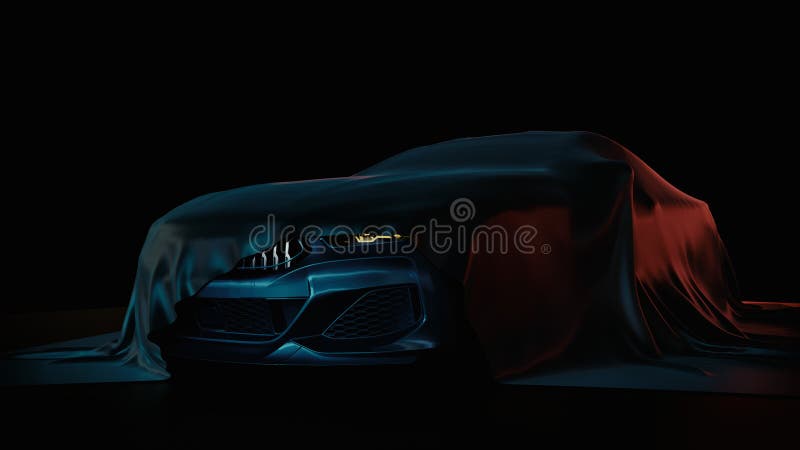 Luxury Car Under Cover in Dark Studio - 3D Rendering Stock Illustration ...
