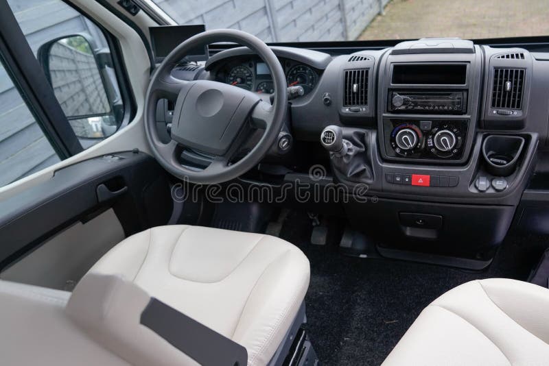 Luxury Car Van Interior Details Black Dashboard Steering Wheel Stock ...