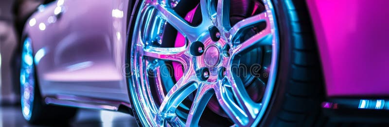 Luxury Car Wheel Close Up with Neon Light Background Stock Image ...
