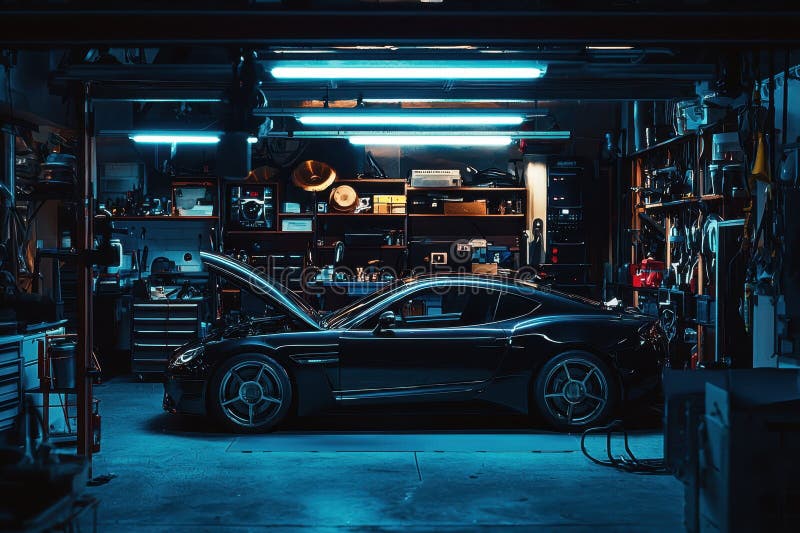 Luxury Car in Workshop at Night with Neon Lights and Tools on Display ...