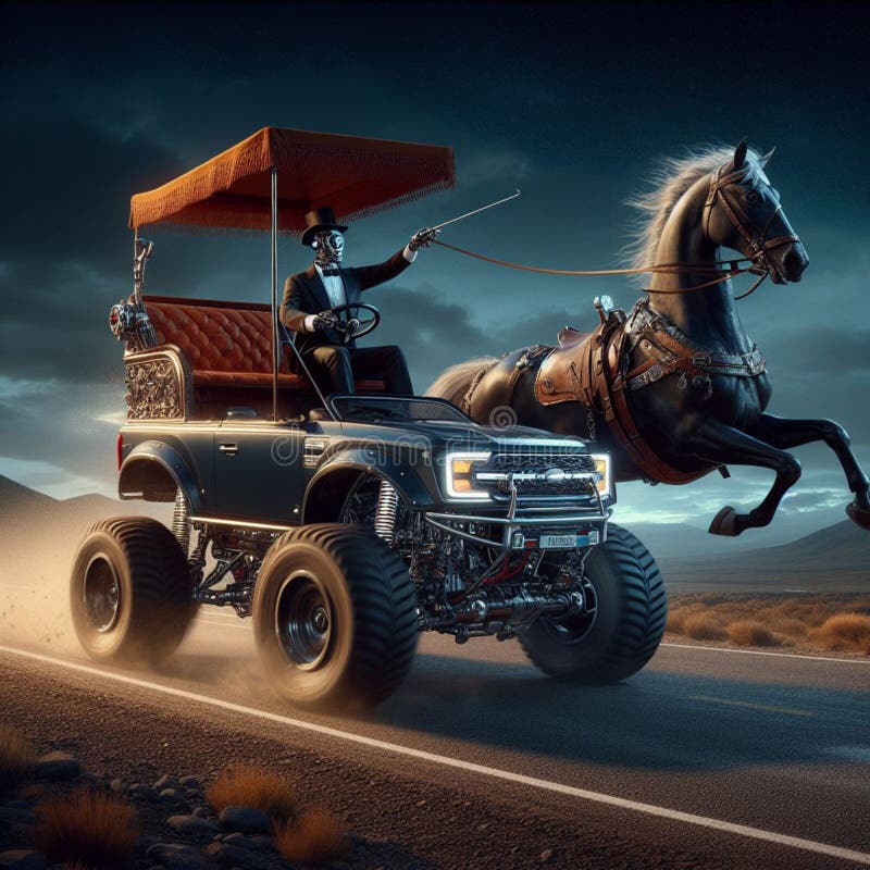 Luxury Carriage Driven by Robot Pulled by Horse from Petrol Suv ...