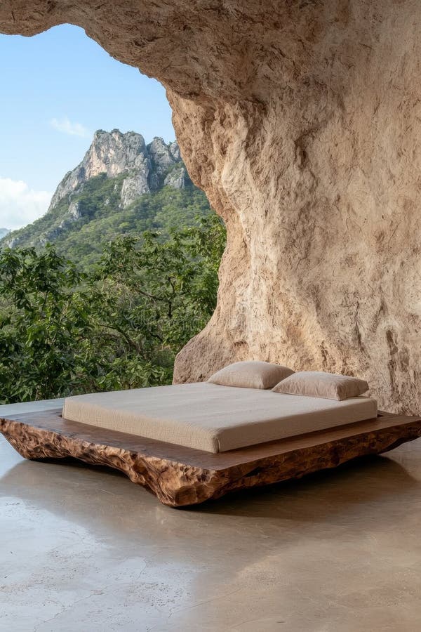 Luxury Cave Bed with Mountain View Stock Illustration - Illustration of ...