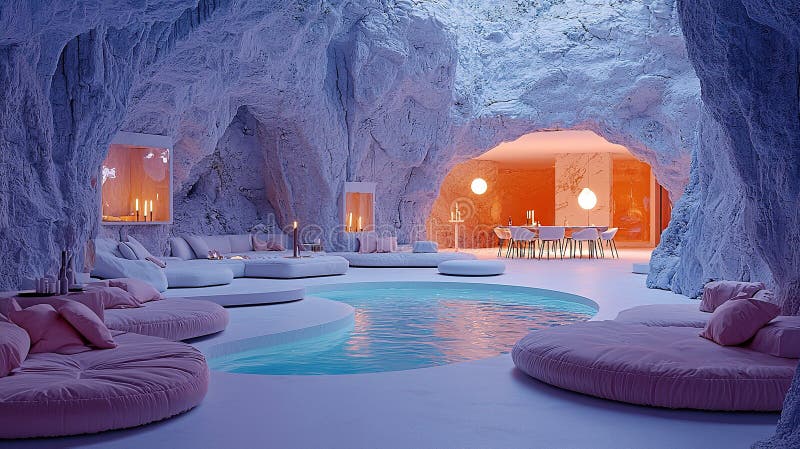 Luxury Cave Pool Lounge with Dining Area, Soft Lighting, and Pillows ...