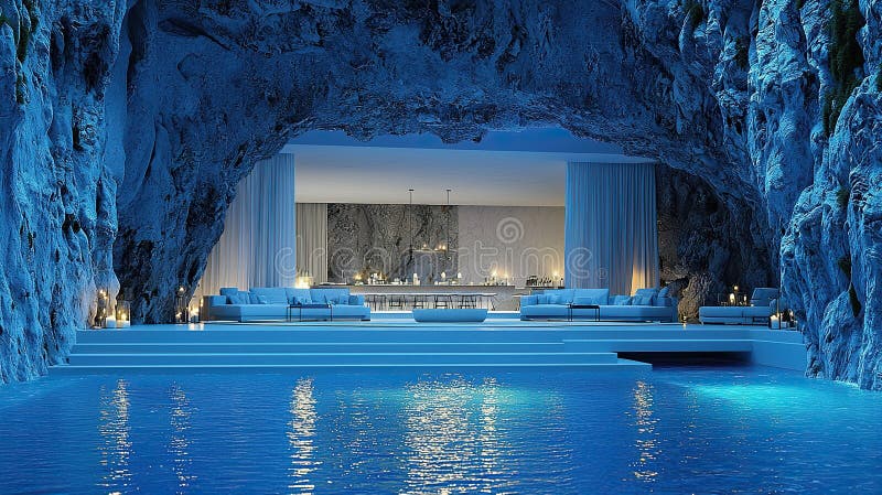 Luxury Cave Pool Lounge at Night with Illuminated Bar Stock ...