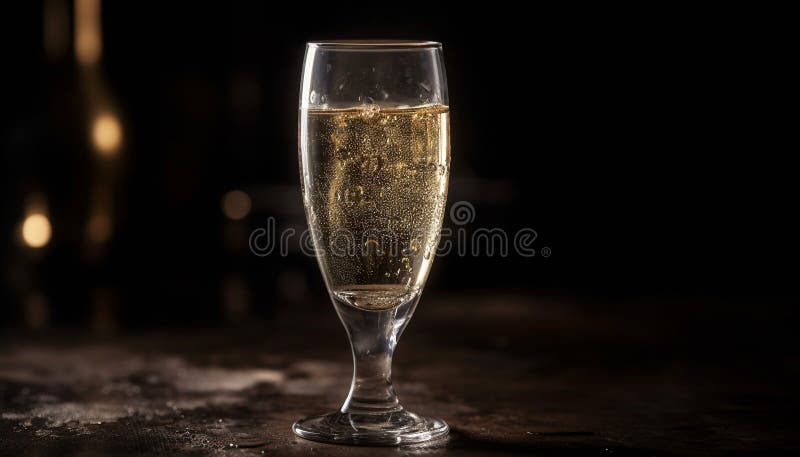 Luxury Celebration Champagne Glass Reflects Elegance, Black Background ...
