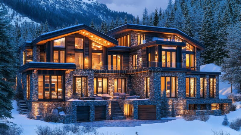 Luxury Chalet House Illuminated at Twilight in a Picture Perfect Winter ...