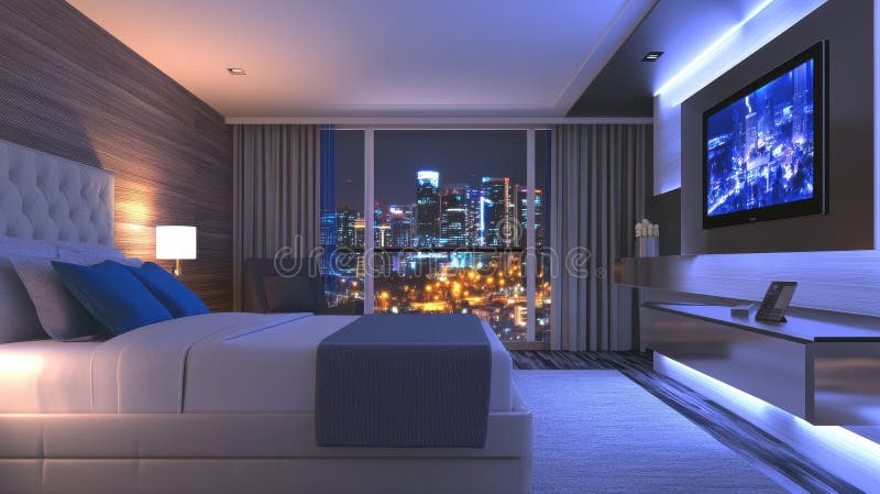 Luxury City View Bedroom Modern Design and Night Lights Stock Image ...