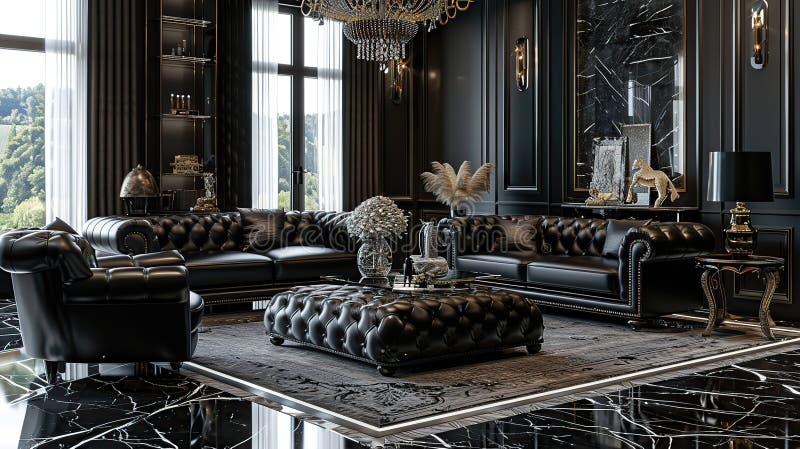 Luxury Classical Style Superior Black Living Room Interior. Generative ...
