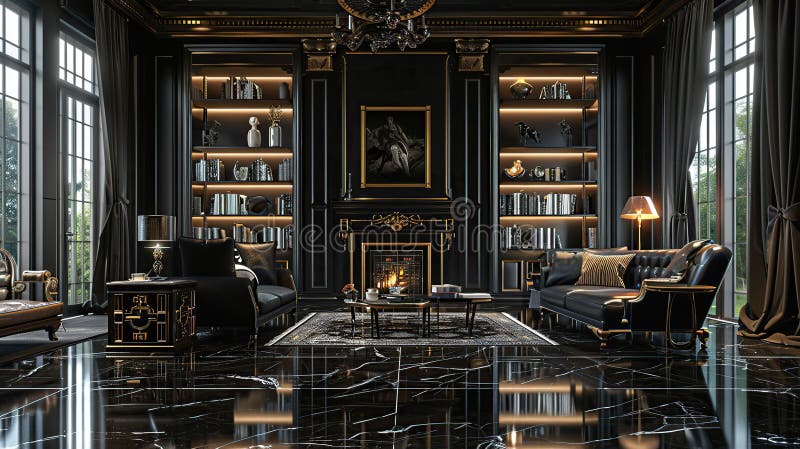 Luxury Classical Style Superior Black Living Room Interior. Generative ...