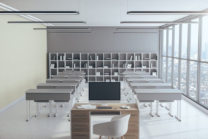 Luxury Classroom Interior with Computer on Table Stock Illustration ...