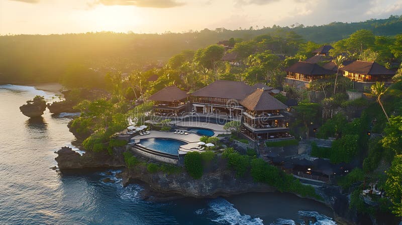Luxury Cliffside Resort in Bali at Sunset Stock Illustration - Illustration of paradise, hotel ...