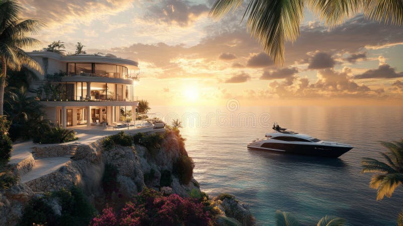 Luxury Cliffside Villa at Sunset with Ocean View Stock Illustration ...