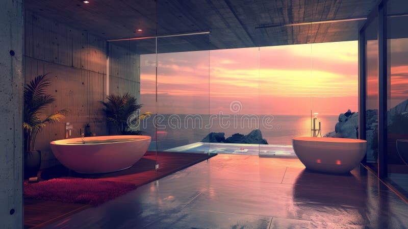 Luxury Coastal Bathroom with Ocean View at Sunset Stock Illustration ...