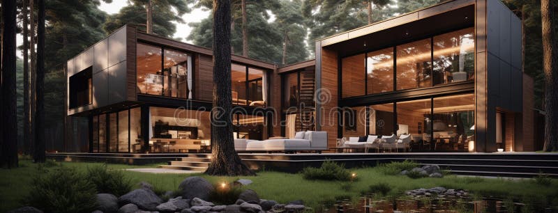 A Luxury Contemporary 3 Story House in a Forest Stock Illustration ...