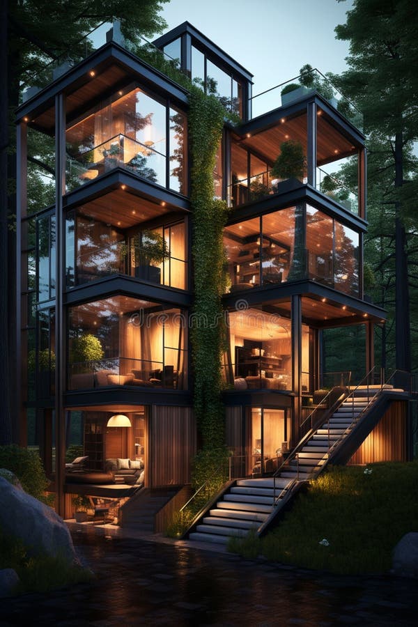 A Luxury Contemporary 3 Story House in a Forest Stock Illustration ...