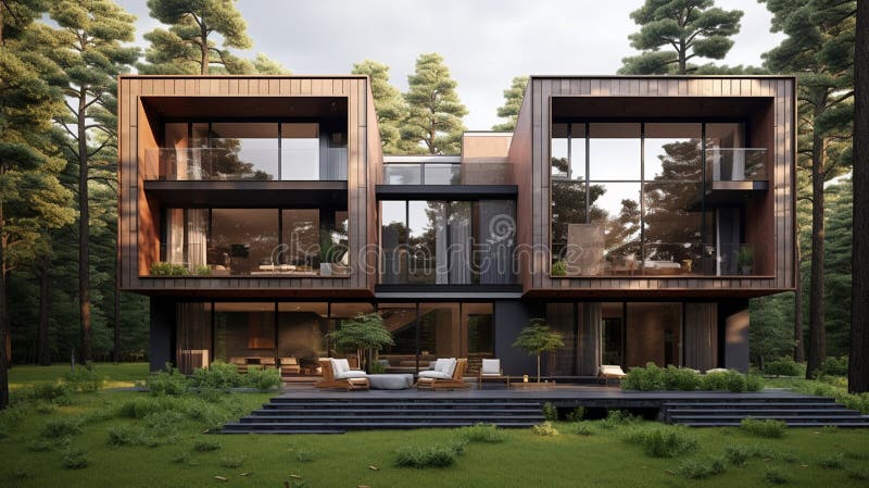 A Luxury Contemporary 3 Story House in a Forest Stock Illustration ...