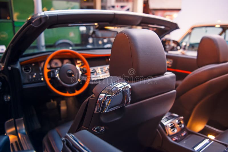 Luxury Convertible Car Interior. Steering Wheel, Shift Lever and ...