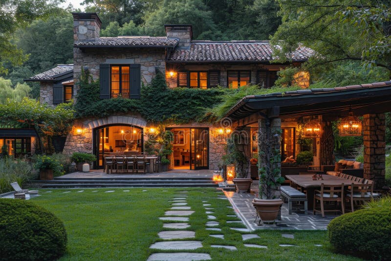 Luxury Country House with Evening Lighting after Sunset Stock Image ...