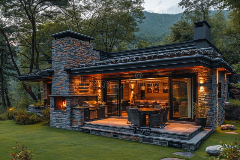 Luxury Country House with Evening Lighting after Sunset Stock Photo ...