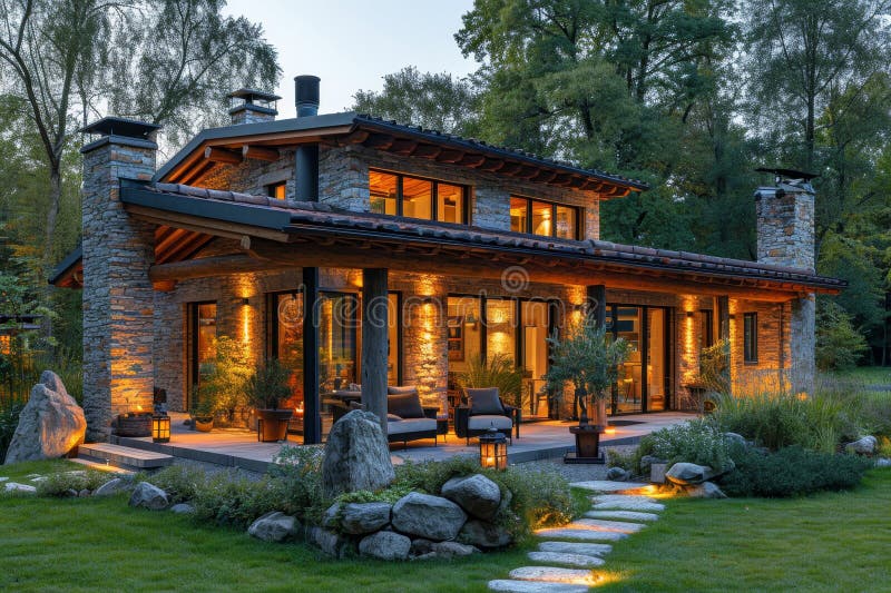 Luxury Country House with Evening Lighting after Sunset Stock Image ...