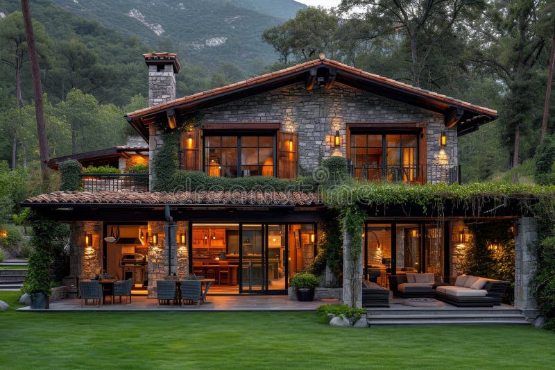 Luxury Country House with Evening Lighting after Sunset Stock Image ...