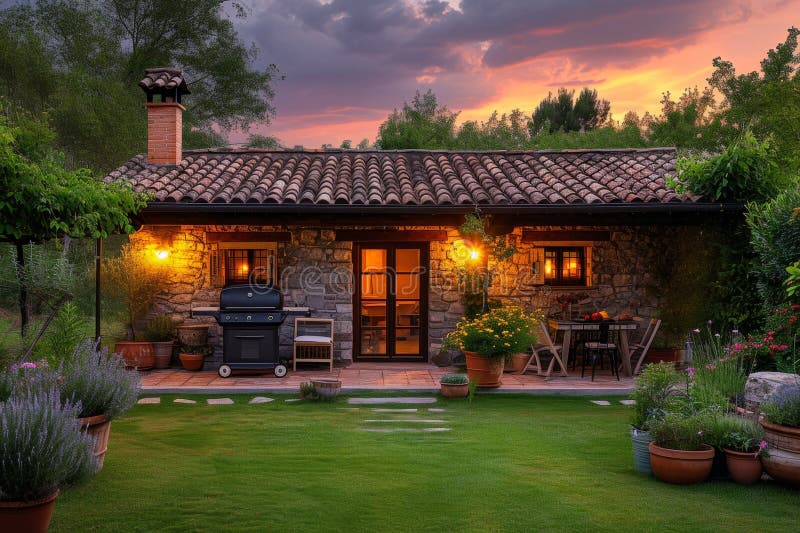 Luxury Country House with Evening Lighting after Sunset Stock Photo ...