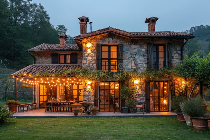 Luxury Country House with Evening Lighting after Sunset Stock Image ...
