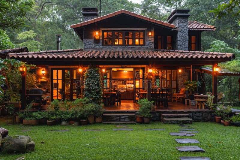 Luxury Country House with Evening Lighting after Sunset Stock Image ...