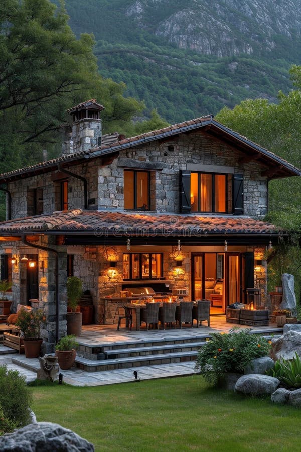 Luxury Country House with Evening Lighting after Sunset Stock Image ...