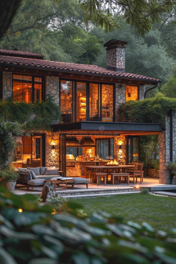 Luxury Country House with Evening Lighting after Sunset Stock Image ...