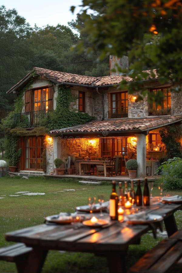 Luxury Country House with Evening Lighting after Sunset Stock Photo ...