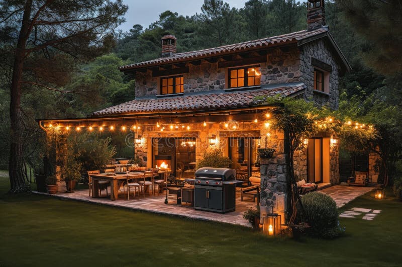 Luxury Country House with Evening Lighting after Sunset Stock Photo ...