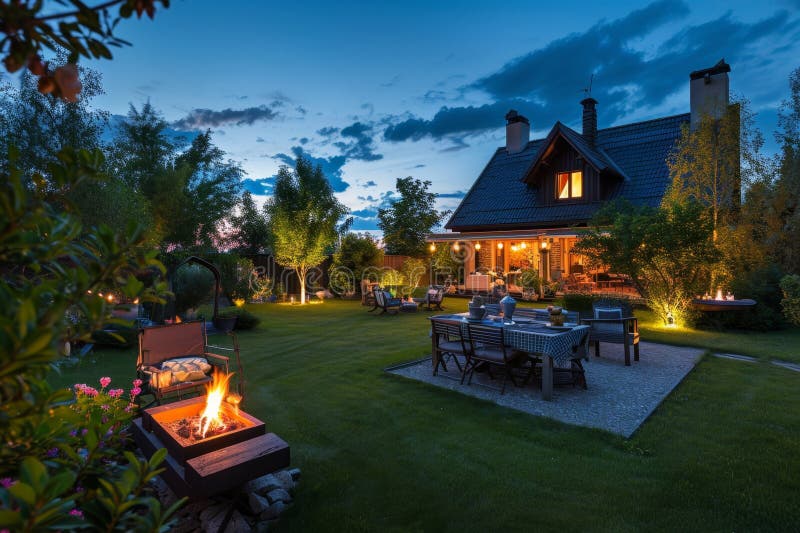 Luxury Country House with Evening Lighting after Sunset Stock Image ...