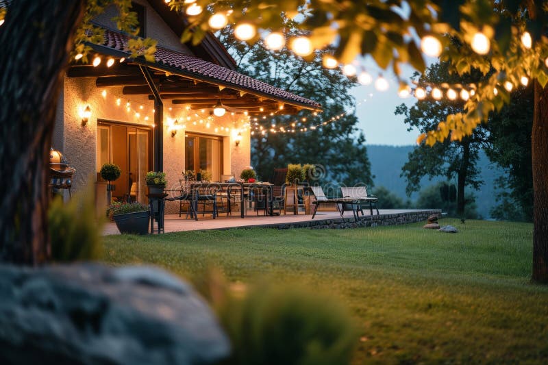 Luxury Country House with Evening Lighting after Sunset Stock Photo ...