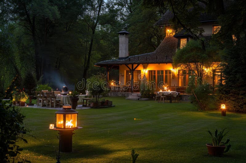 Luxury Country House with Evening Lighting after Sunset Stock Image ...