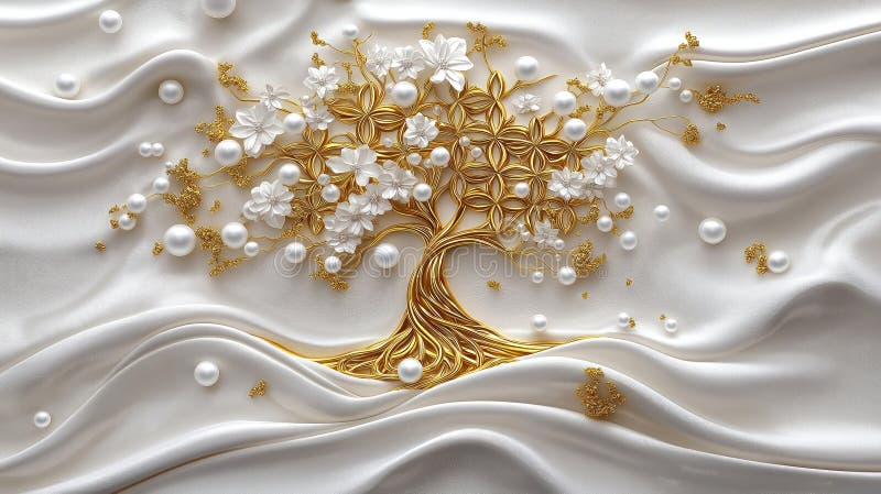 Luxury 3D Wallpaper Design Features Gold Tree Life with White Pearls ...