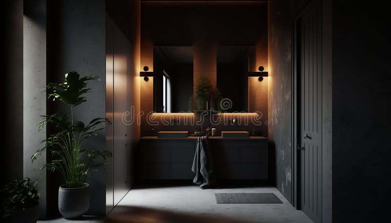 Luxury Dark Bathroom with Warm Backlight, Loft, Generative AI Stock ...