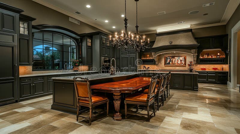 Luxury Dark Kitchen Interior Design Stock Photo - Image of elegant ...