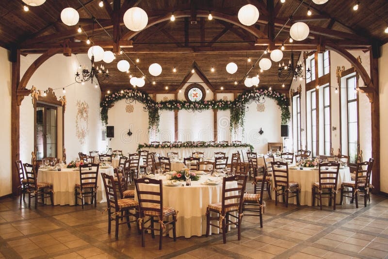 Luxury Decorated Dinner Hall in White and Brown Tones Stock Photo ...