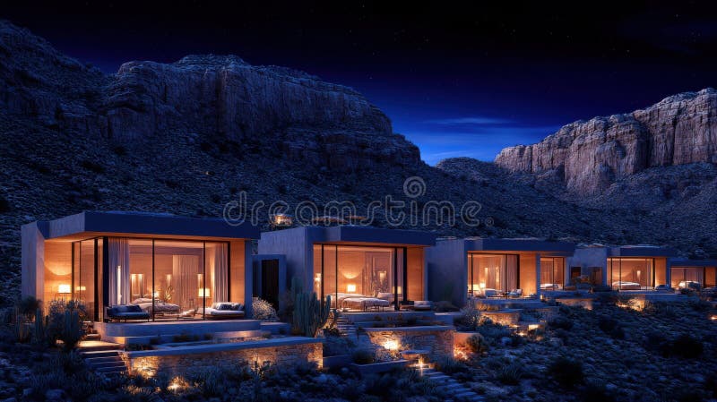 Luxury Desert Resort at Night with Mountain Views Stock Photo - Image ...