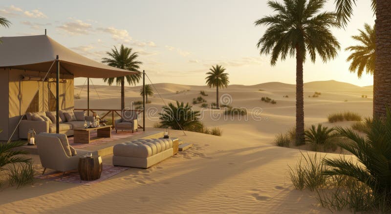 Luxury Desert Tent at Sunset with Palm Trees Stock Illustration ...